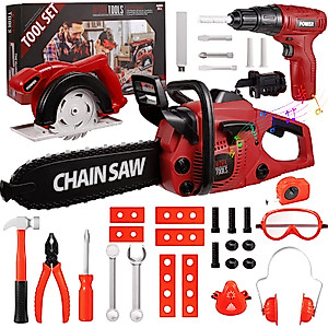 Awefrank Kids Tool Set 36 PCS, Toddler Tool Set with Toy Chainsaw Electronic Toy Drill with Realistic Sounds, Pretend Play Kids Tool Box, Power Tools Kit for Toddlers Boys Girls 3+