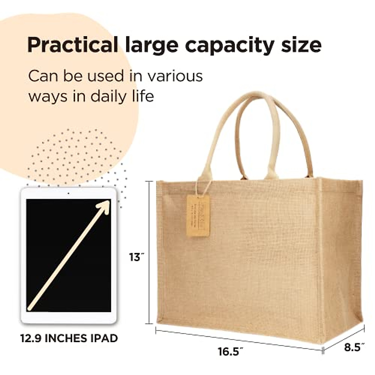 2 Pack Jute Tote Bags - X-Large Reusable Jute Tote Bag with Handles and Top Zipper Closure - Water Resistant Blank Tote Bags for Bridesmaid Wedding Gift, Grocery, Shopping, Beach, and DIY Crafts