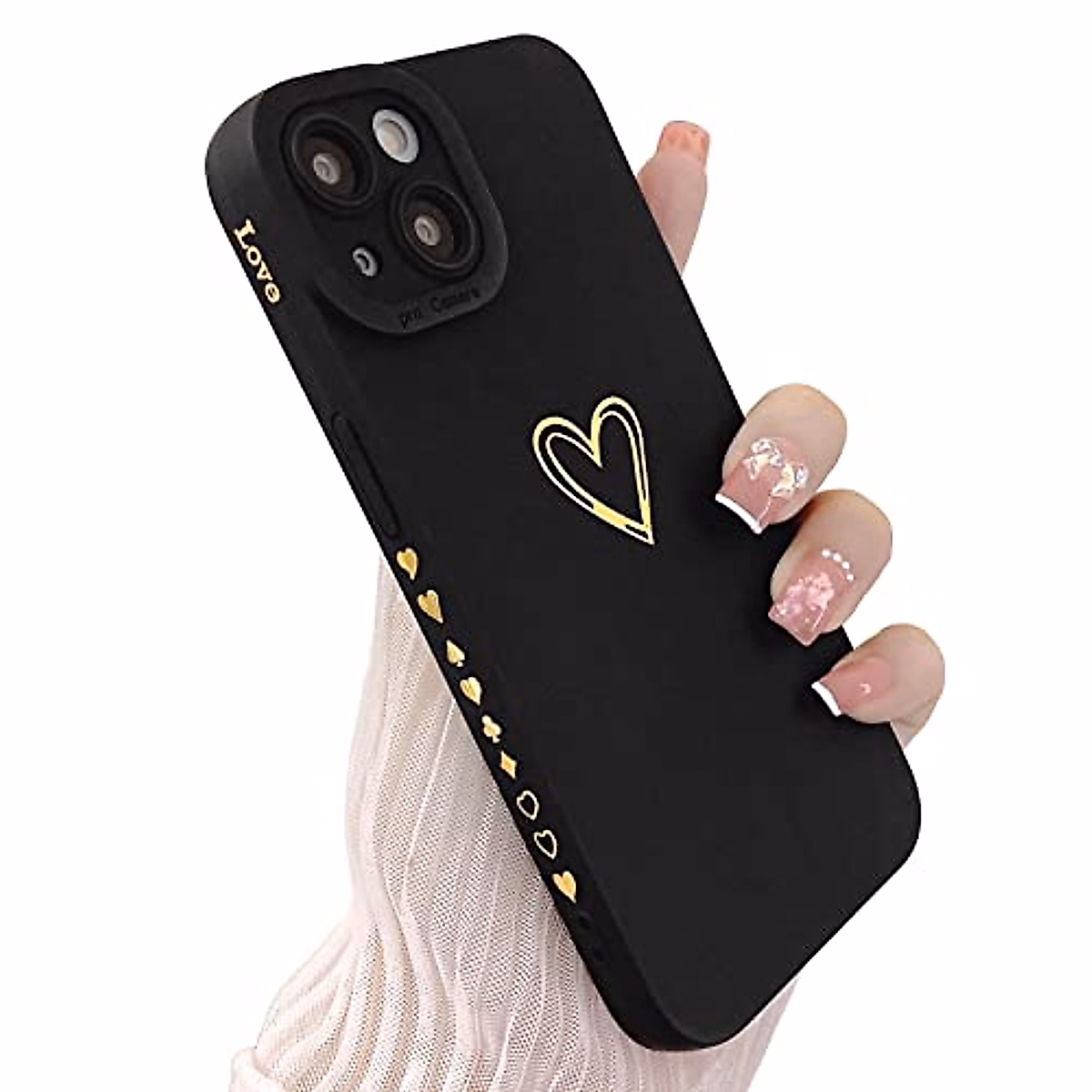 Yeddabox Compatible with iPhone 13 Mini Case for Women, Bronzing Luxury Heart Phone Case Cute Side Small Pattern Soft TPU Shockproof Full Camera Lens Protective Cover for iPhone 13 Mini (Black)