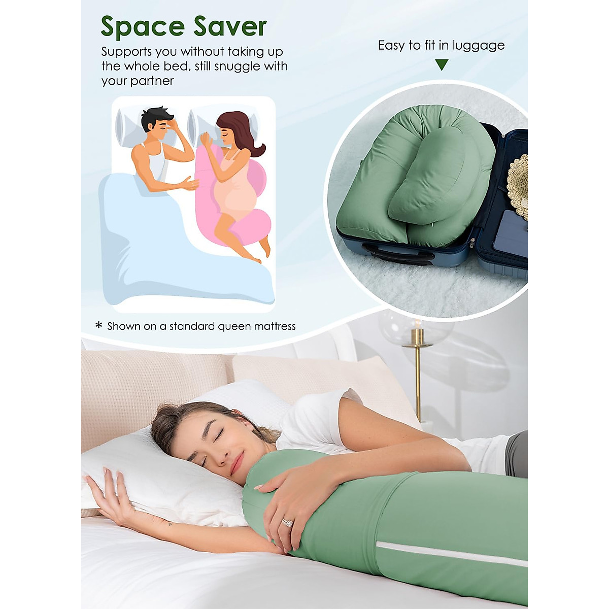 QUEEN ROSE Pregnancy Pillows, Cooling Body Pillow for Pregnancy Sleeping, F Shaped Maternity Pillow for Pregnant Women, Back & Belly Support, Pregnancy Must Haves, Green