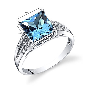PEORA Swiss Blue Topaz and Diamond Ring for Women 14K White Gold, Elegant Cathedral Design, Natural Gemstone Birthstone, 3 Carats Princess Cut 8mm, Size 7
