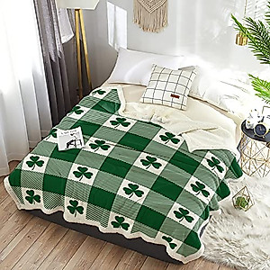 Sherpa Throw Blanket St. Patrick's Day Irish Green Shamrock Clover Super Soft Cozy Warm Luxury Microfiber Blankets Flannel Fleece Plush Quilt Bedspread for Bed Couch Sofa Buffalo Lattice