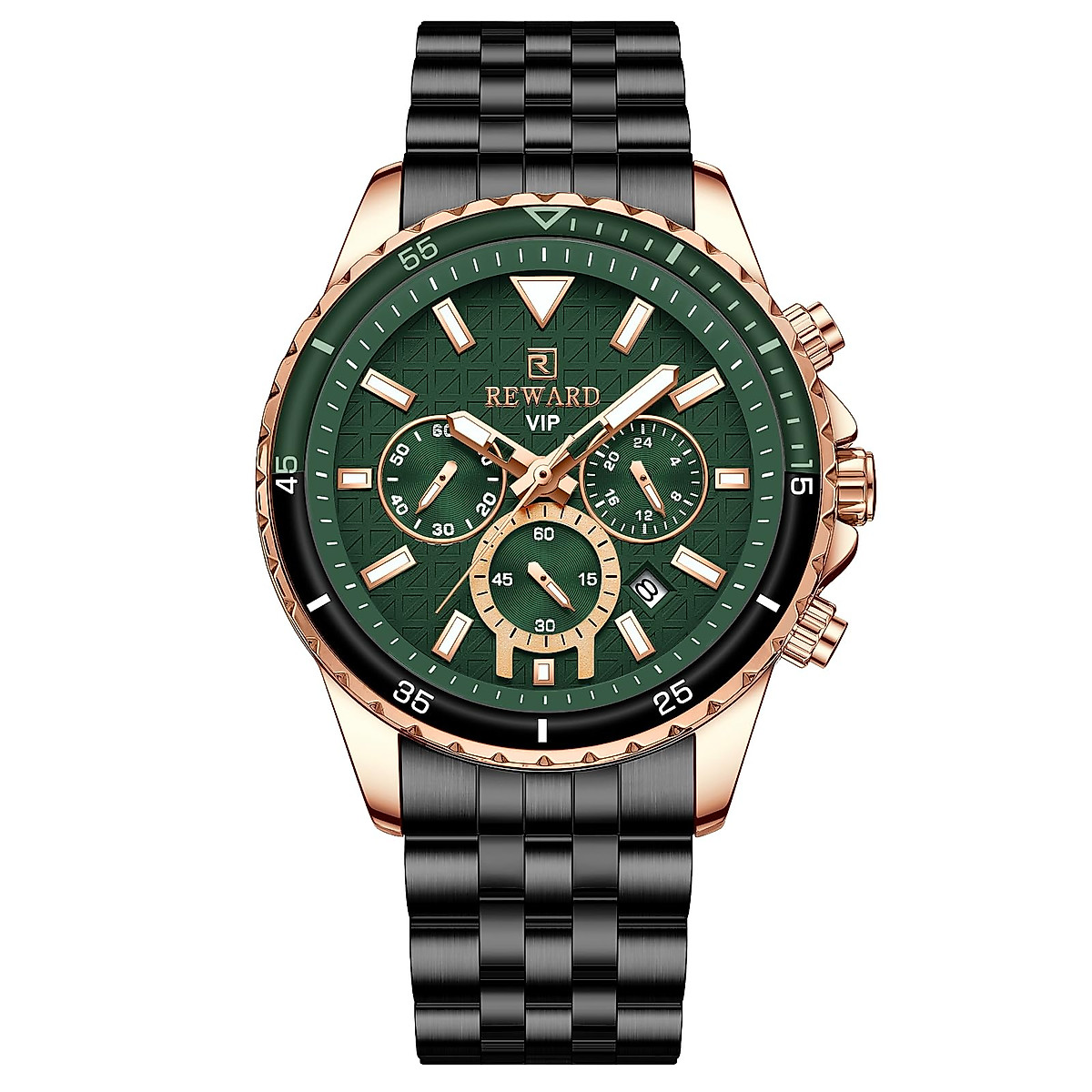 REWARD Mens Wrist Watches Fashion Round Dial Business Date Chronograph Luminous Waterproof Big Face Watch for Men Green Black