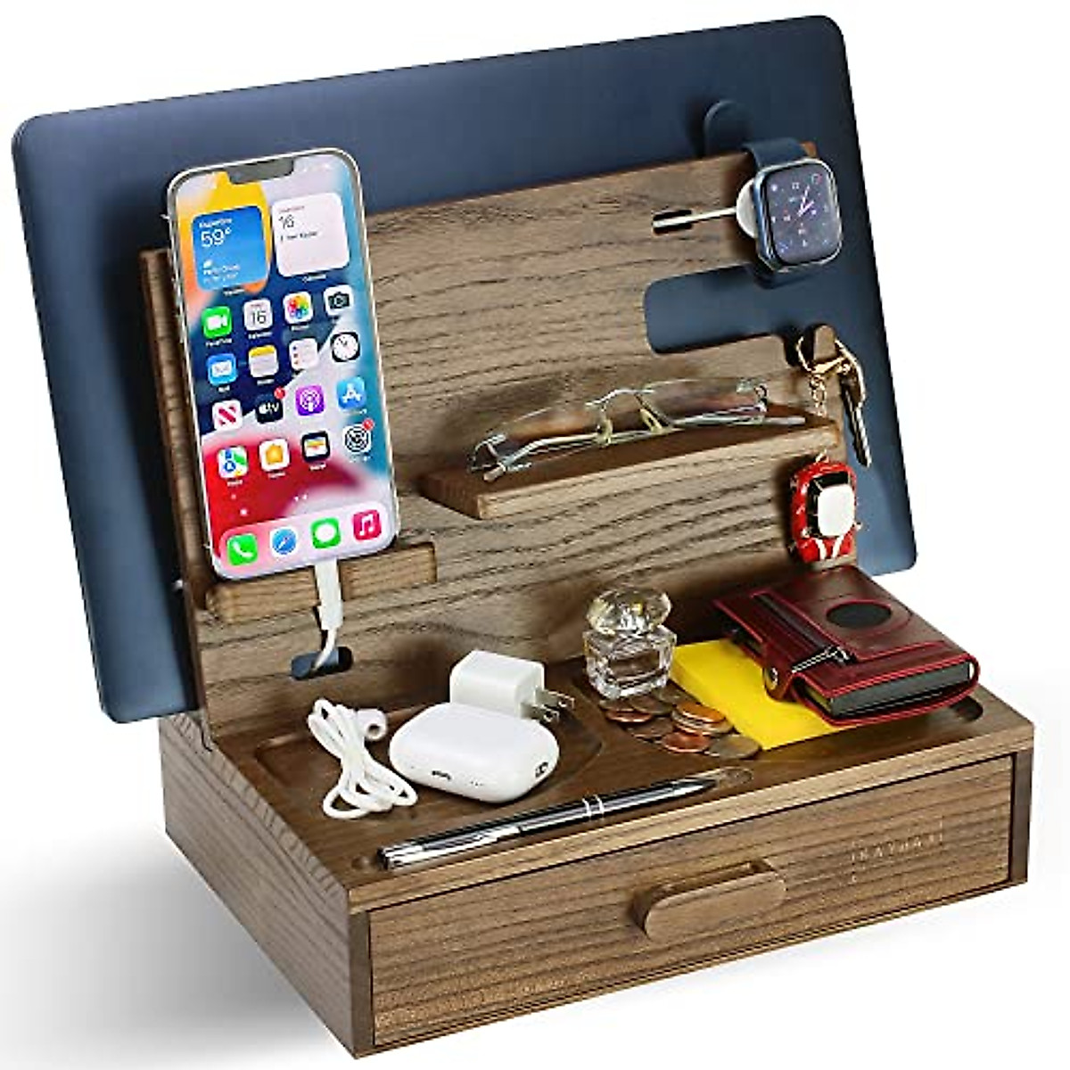 Kayjax Wood Phone Docking Station for Men & Women with Drawer -Mens Organizer Station -Docking Station for Dad -Husbands Anniversary & Birthday Gifts -Organizers for Watch, Wallet, Keys, Cellphone
