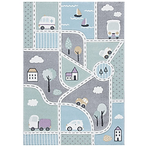 SAFAVIEH Carousel Kids Collection Area Rug - 5'3" x 7'6", Grey & Light Blue, Non-Shedding & Easy Care, Ideal for High Traffic Areas for Boys & Girls in Playroom, Nursery, Bedroom (CRK193F)