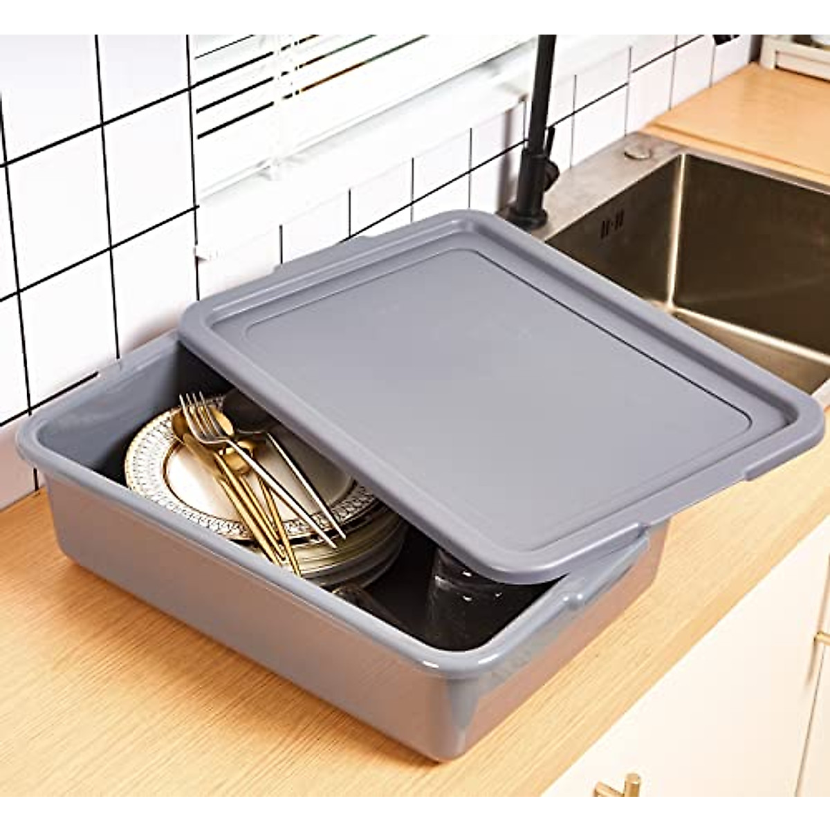 Plastic Commercial Bus Box/Utility Box 13L with lid, Grey Wash Basin Tote Box, Lidded Food Service Bus Tub, 3-Pack