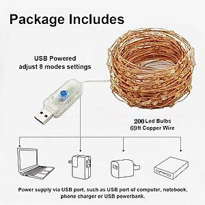 ALBERTU 200LED String Lights,USB Plug-in Waterproof Decorative Fairy Lights, Firefly Lights for Bedroom Home Garden Wedding Party Indoor Outdoor Decorations(Warm White)