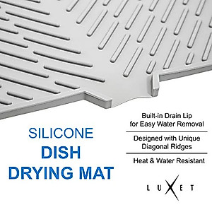 Luxet Silicone Dish Drying Mat with Built-in Drain Lip - Hygienic Drying Pad - Sturdy Compact Easy to Clean Tray Protects Surfaces Prevents Water Build Up - 23 X 17 (Grey)