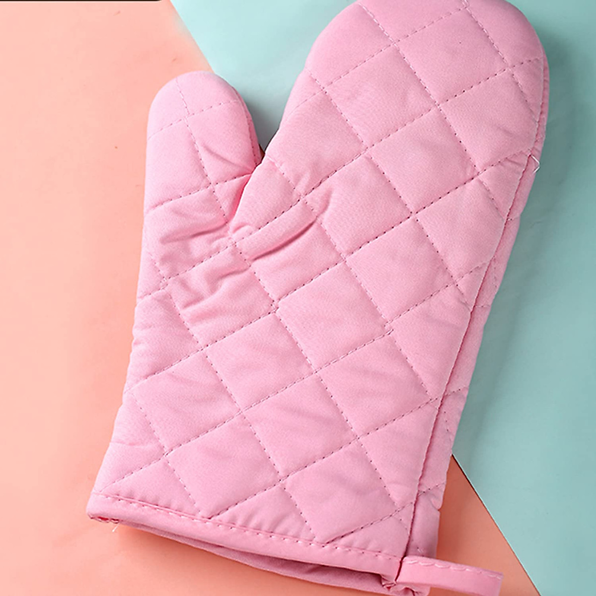 Kitchen Oven Mitts Heat Resistant Gloves Cotton Premium Non-Slip (Pink)