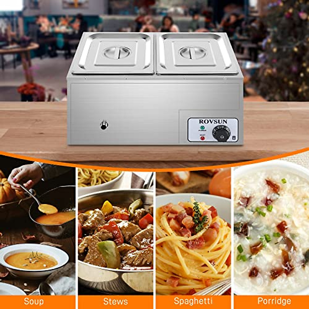 ROVSUN 21QT 2-Pan Electric Commercial Food Warmer, 110V Stainless Steel Bain Marie Buffet, 10.6 QT/Pan Stove Steam Table with Temperature Control & Lid for Parties, Catering, Restaurants