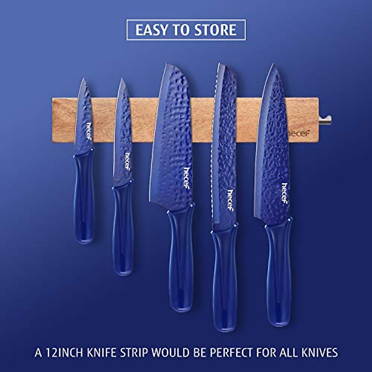 hecef Galaxy Blue Kitchen Knife Set of 5, Non-slip Metallic Ceramic Coated Chef Knife Set, Hammered Blade with Plastic Handle and Protective Blade Sheath