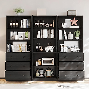 VOWNER Vertical File Cabinet, 3-Tier Modern Bookshelf with 3 Large Drawer, Wood Filing Cabinet with Open Storage Shelf, Glass Doors and Fixed Storage Shelves for Home Office, Black