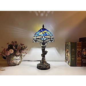 LGWW Tiffany Style Table Lamp Dragonfly Style Rose Base Stained Glass Bedside Lamp Antique Luxurious Bedside Desk Reading Light 15X8X8 Desk Light Metal Base Decor Bedroom Living Room Home Office