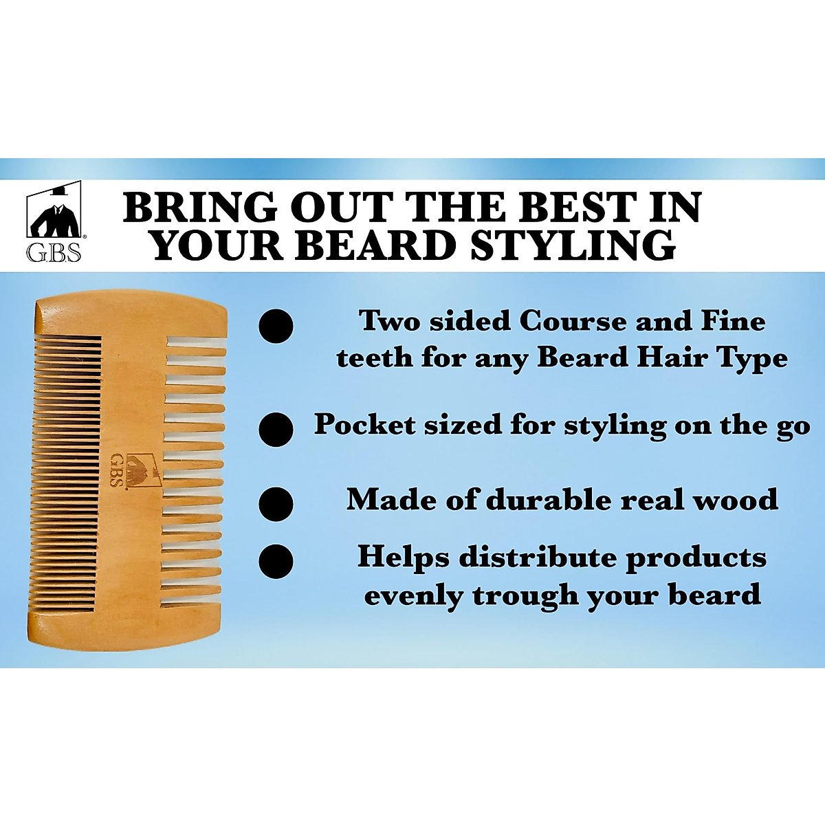 G.B.S 2 Sided Beard Comb - Pocket Sized Wooden Beard & Mustache Comb with Fine & Coarse Teeth - Perfect for Use with Beard Balms, Mustache Wax and Oils (Pack of 3)