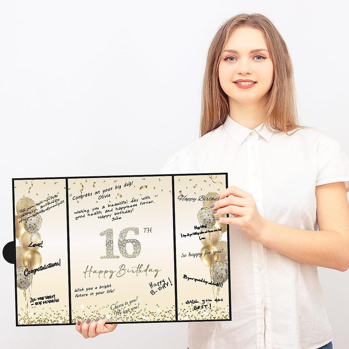 DARUNAXY Black Gold 16th Birthday Party Decorations, Happy 16th Birthday Alternative Signature Guest Book for Boys & Girls Sweet 16 Years Old Gifts 16 Birthday Signing Card Board Party Supplies