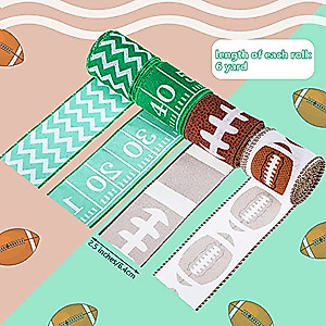 26 Yards 2.5 Inch Football Wired Ribbon Sport Wired Edge Ribbon Football Printed Burlap Ribbon Green Striped Ribbon for DIY Present Wrapping Craft, Football Fan Wreath, Swag and Bow, 4 Rolls