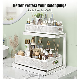 2-Pack Under Sink Storage Organizer with 2-Tier Slide Out Drawer, Sophisticated Mesh Pull Out Shelf for Kitchen & Bathroom, Fits Small Items, Upgraded Arched Track for Smooth Gliding,Patent Pending