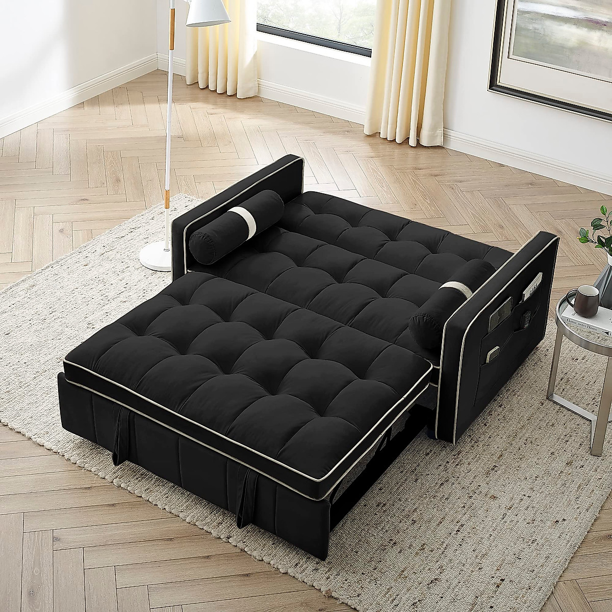 Ball & Cast 55.5" Convertible Sofa Bed, 3 in 1 Velvet Pull Out Couch with Side Pockets and Adjsutable Backrest, 2-Seater Sleeper Loveseat with Lumbar Pillows for Apartment Office Living Room,Black