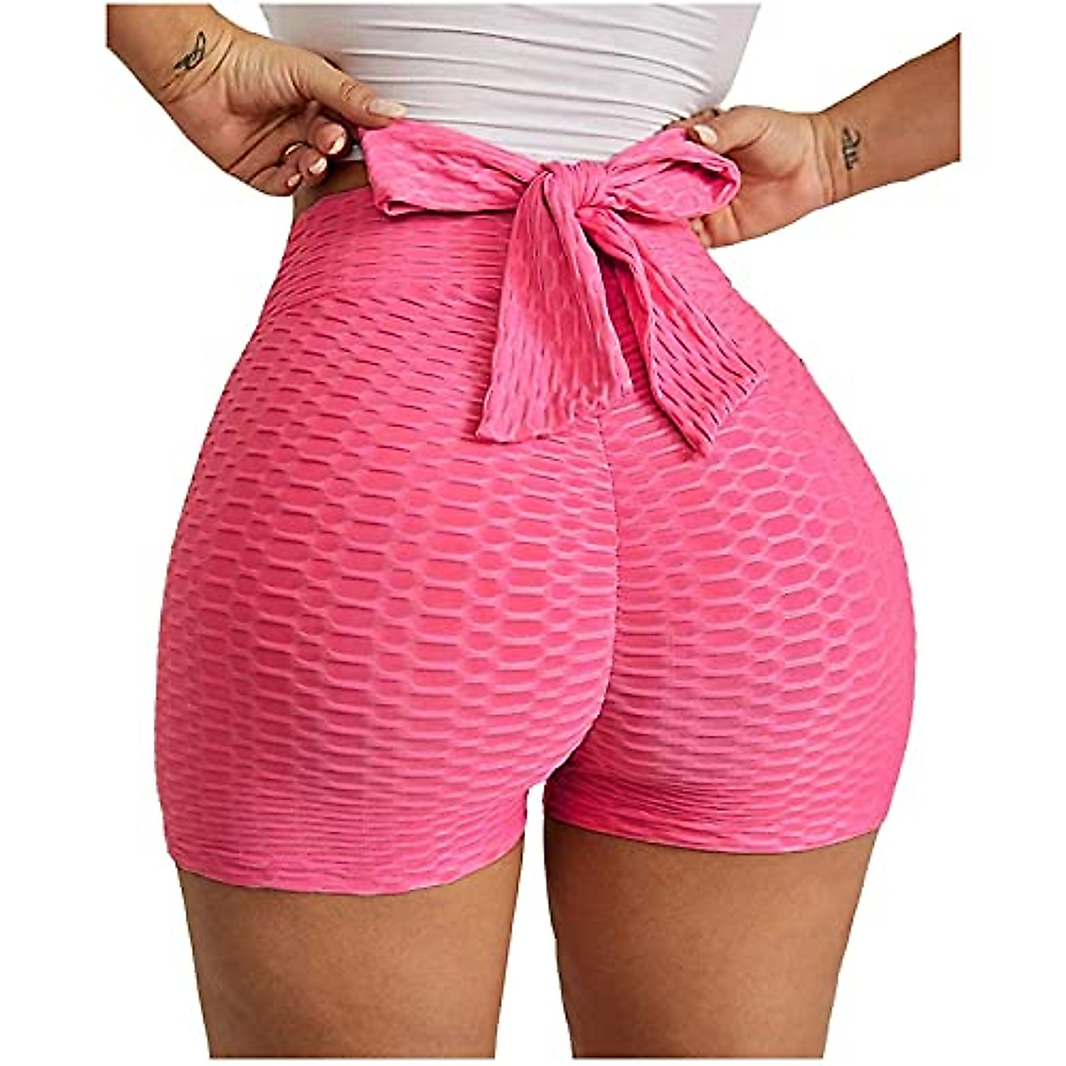 Spandex Yoga Shorts with Pockets for Women High Waisted Workout Shorts Women's Naked Feeling Cotton Biker Shorts Hot Pink