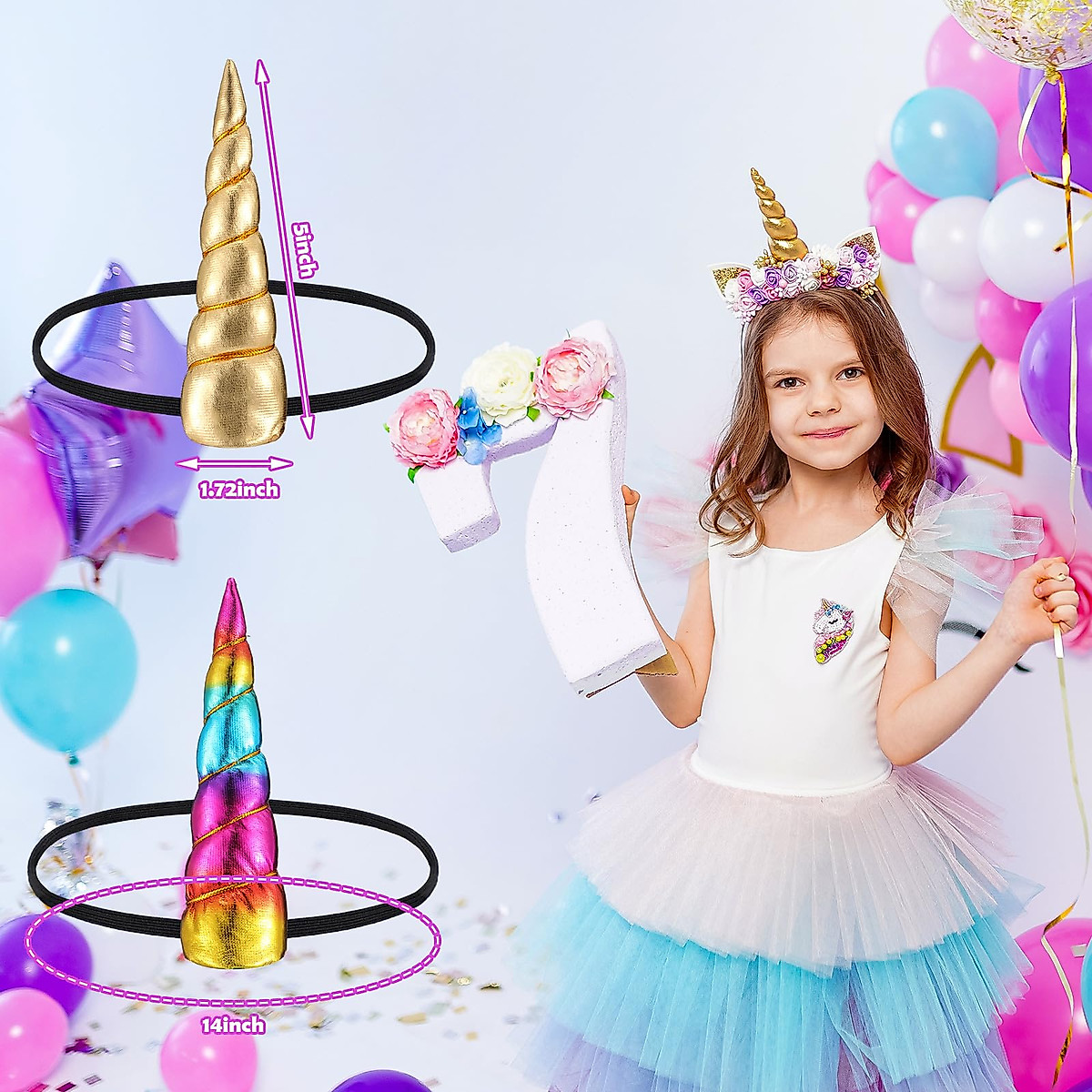 Yuxung 24 Pack Unicorn Horn Headband Unicorn Headbands with Elastic Bands for Girls Adult Women Cosplay Costumes Accessories, 8 Styles