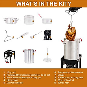 Grills House Turkey Fryer Set TF30TG, Aluminum Fish Boiler Steamer Kit with Heat-Resistant Gloves, 50,000 BTU Propane Burner, Ideal for Thanksgiving Day and Outdoor Cooking, 30 Qt & 10 Qt Pot