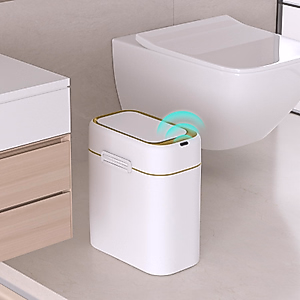 ELPHECO 2.5 Gallon Garbage Can with Buckle-up Latches, Motion Sensor Trash Can with Buckling Latches for Bathroom, Living Room, Office, Bedroom, 2 AA Batteries (Excluded), White Gold