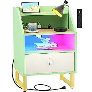 Cyclysio Nightstand with Charging Station and LED Light, 30 Inches Tall Night Stand with Top Baffle,Super Large Storage Space Bedside Tables for Bedroom, Sofa Side
