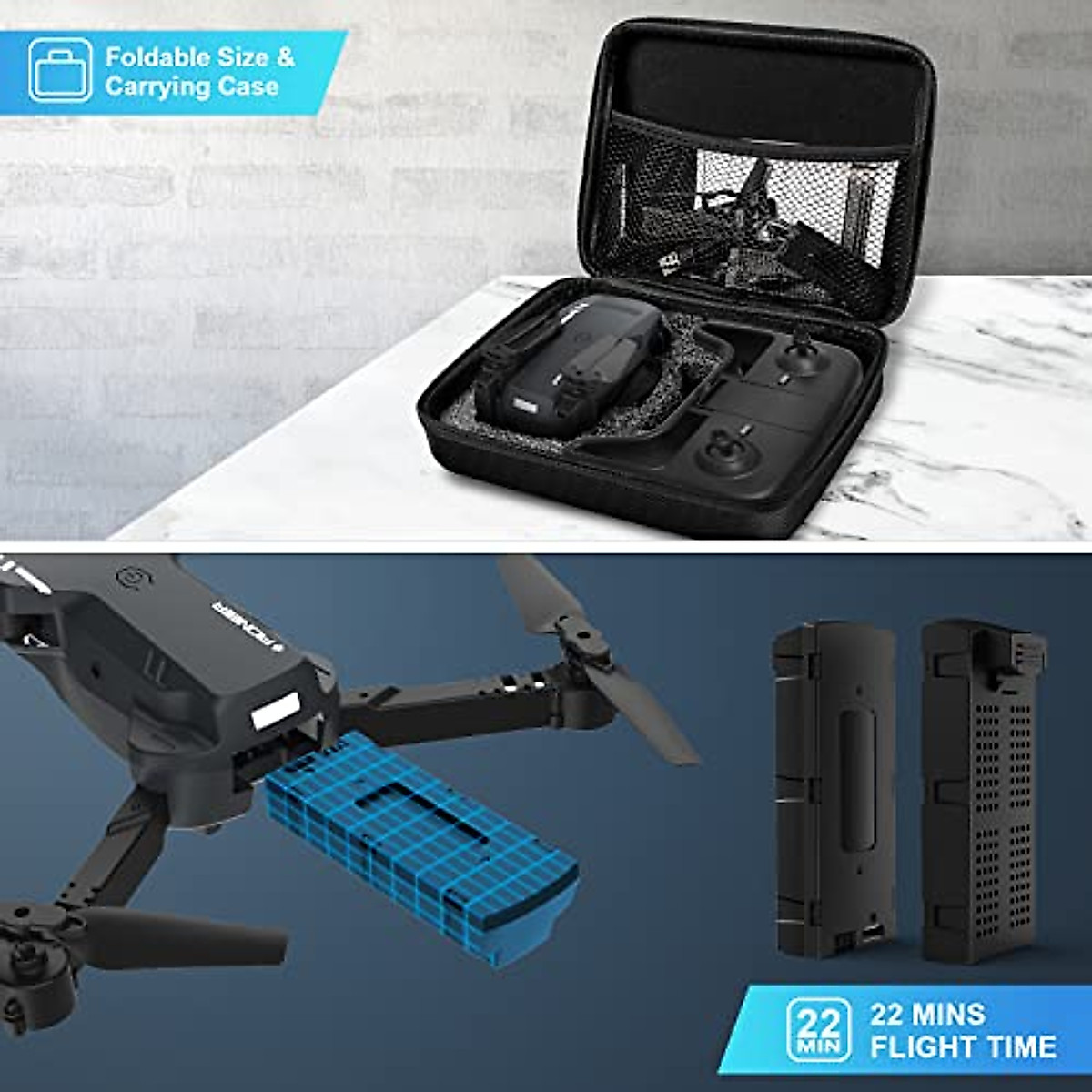 RADCLO Mini Drone with Camera - 1080P HD FPV Foldable Drone with Carrying Case, 2 Batteries, 90° Adjustable Lens, One Key Take Off/Land, Altitude Hold, 360° Flip, Toys Gifts for Kids, Adults, beginners, Remote Controlled, Black