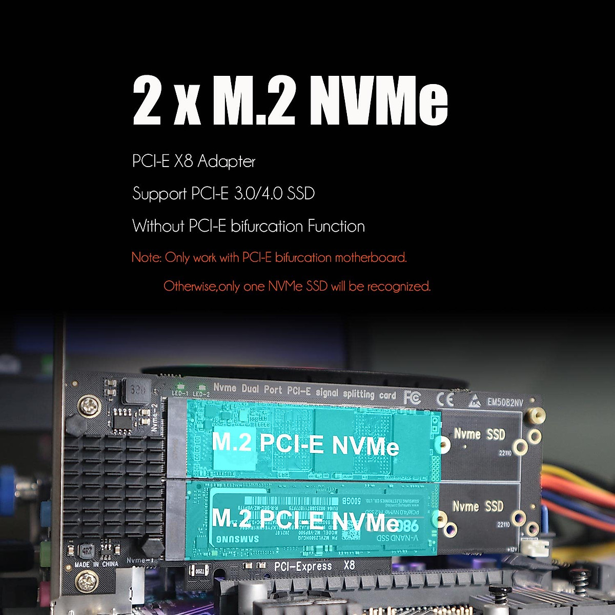GLOTRENDS PA21 Dual M.2 NVMe to PCIe 4.0 X8 Adapter Without PCIe Bifurcation Function, Support 22110/2280/2260/2242/2230 Size (PCIe Bifurcation Motherboard is Required)