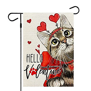 CROWNED BEAUTY Valentines Day Cat Garden Flag 12x18 Inch Small Double Sided for Outside, Hello Valentine Heart Yard CF686-12