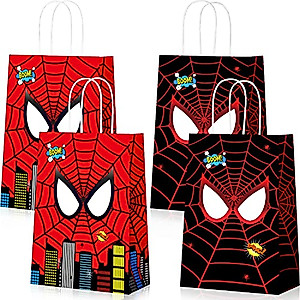 20Pcs Hero Party Treat Bags with Handles,Large Thick Kraft Double Sided Spider Web Printed Durable Gift Goodie Treat Candy Bags for Kids Boys Hero Theme Spider Birthday Party Supplies and Decorations