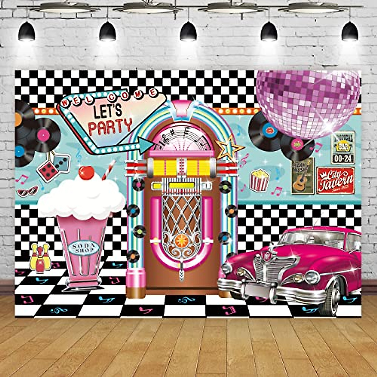 Maijoeyy 7x5ft Back to 50s Backdrop for Birthday Rock Roll Party 1950s Soda Shop Photo Backdrops 50's 60's Sock Hop Party Decorations Retro Diner Time Rock Roll Classic Car Party Decoration Banner