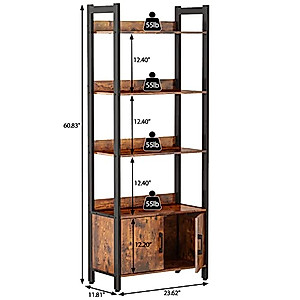 Furologee Bookshelf and Bookcase with Doors, Tall 61" Free Standing Display Shelving Units with 4-Tier Shelves, Industrial Storage Cabinet for Home Office, Living Room, Bedroom, Bathroom, Rustic Brown