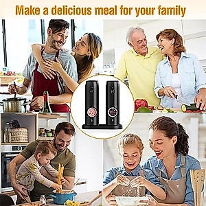 Electric Salt and Pepper Grinder Set Rechargeable With Charging Base, Automatic Salt and Pepper Mill Set with Adjustable Coarseness and LED Light (Black)