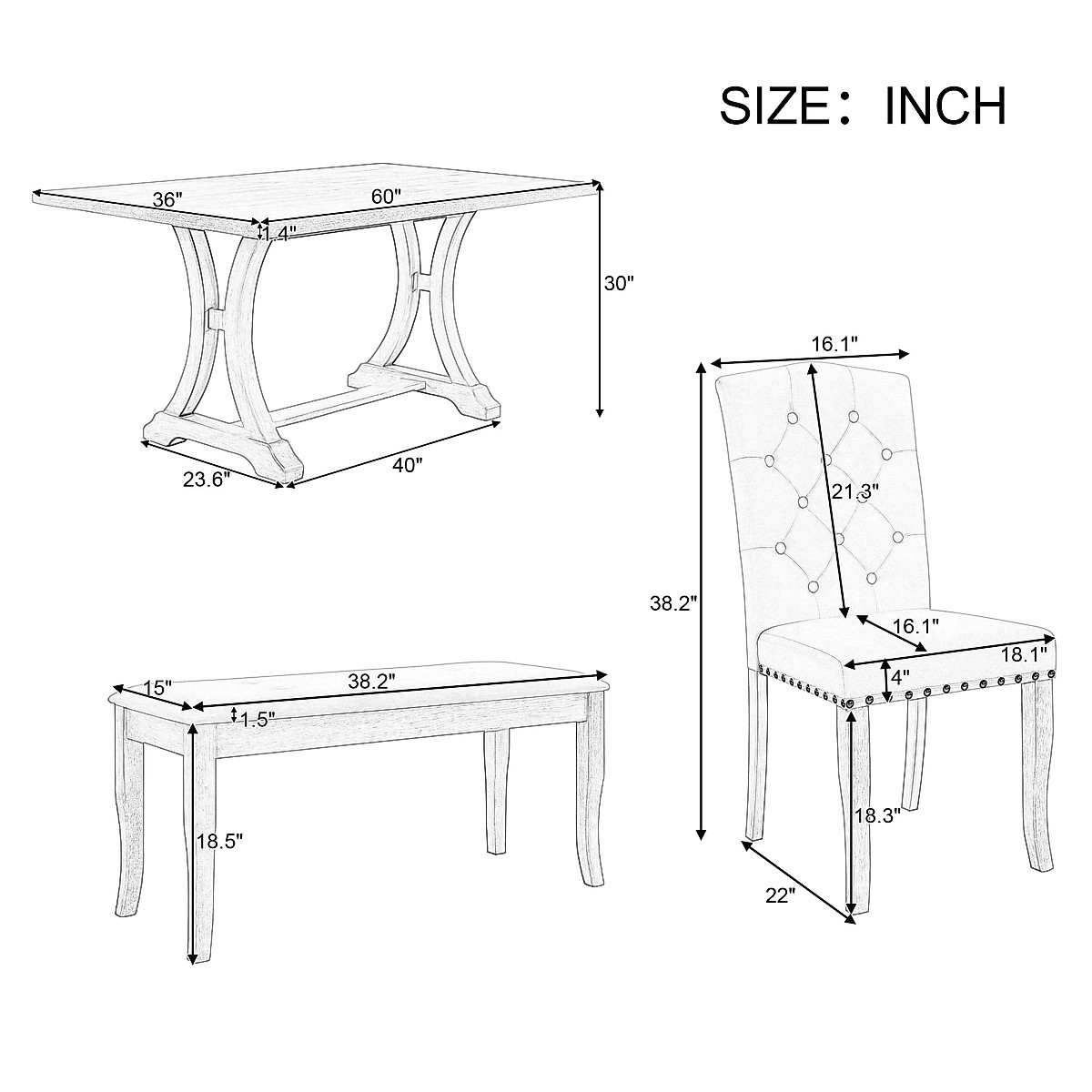 SIYSNKSI 6-Piece Farmhouse Dining Table Set, Rectangular Trestle Table with 4 Upholstered Chairs and 1 Bench, Wooden Kitchen Set Living Room, Dining Table Set for 6