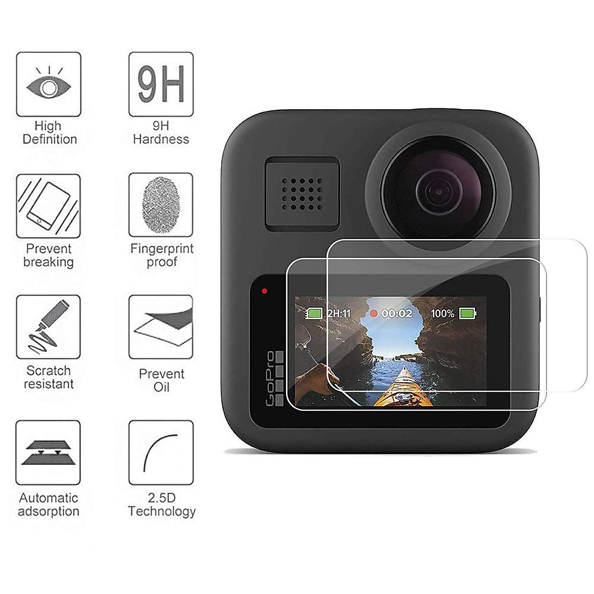 AKWOX [4 Pack] Tempered Glass Screen Protector for Gopro Max Action Camera (2-Pack) & Lens Cap Cover (2-Pack)