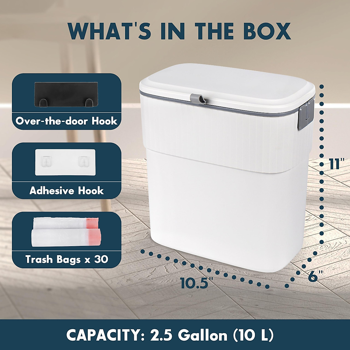 McKay Hanging Kitchen Trash Can with Lid, 30 Trash Bags|2.5 Gallon/10L Compost Bin for Under Sink, Small Trash Can,Food Waste Basket Wall-Mounted Garbage Can for Bathroom/Countertop/RV/Bedroom, White