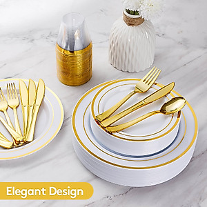 Goodluck 600 Pieces Gold Disposable Plates for 100 Guests, Plastic Plates for Party, Dinnerware Set of 100 Dinner Plates, 100 Salad Plates, 100 Spoons, 100 Forks, 100 Knives, 100 Cups