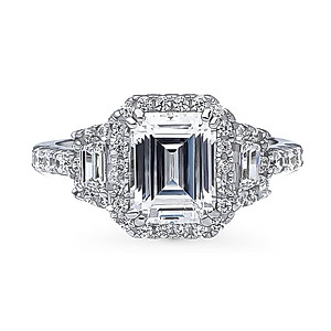BERRICLE Sterling Silver 3-Stone Wedding Engagement Rings Step Emerald Cut Cubic Zirconia CZ Halo Ring for Women, Rhodium Plated Size 9