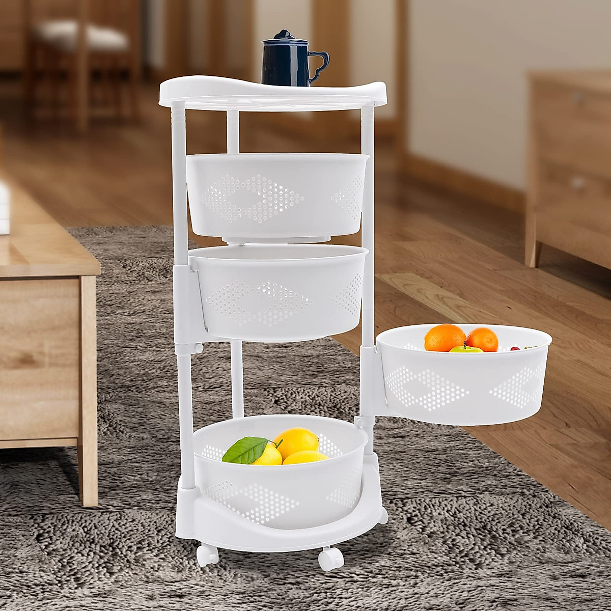 LOYALHEARTDY Rotating Storage Rack 4 Tier Round Mesh Baskets Storage Shelf Rack Adjustable Height Kitchen Storage Shelf with 5 Lockable Casters for Kitchen Bathroom Bedroom White