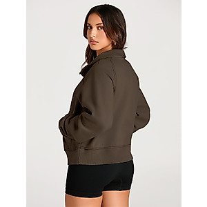 AUTOMET Womens Sweatshirts Half Zip Cropped Pullover Fleece Quarter Zipper Hoodies 2024 Fall Fashion Outfits Clothes Thumb Hole Coffee