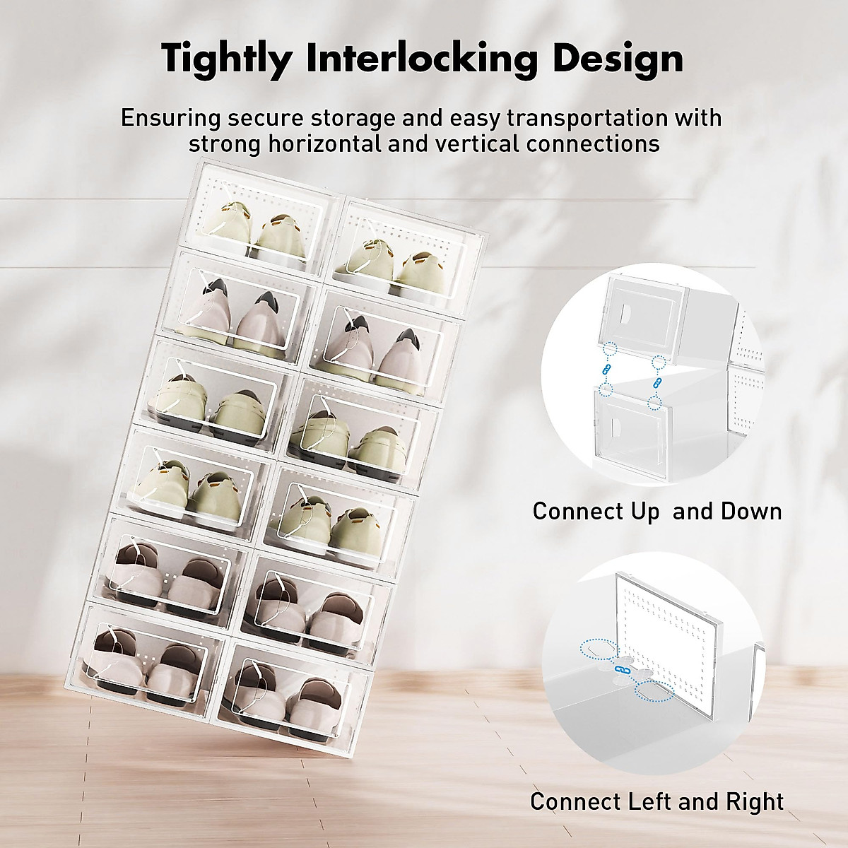 Foluck Shoe Storage Box, 12 Pack Clear Plastic Stackable Shoe Organizer for Closet, Interlocking Design Shoe Container Bins for Sneakers, Foldable Shoe Rack with Lids, White