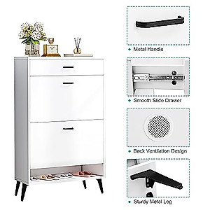 UZUGUL Shoe Cabinet for Entryway,Slim Shoe Storage Cabinet with 2 Flip Drawers and a Top Storage Drawer, Freestanding Shoe Rack Cabinet Storage Organizer with Adjustable Shelf for Entryway