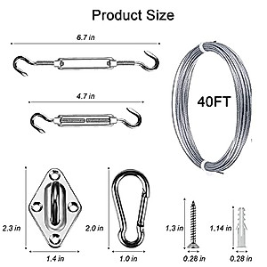 Sun Shade Hardware Kit for Rectangle and Square Sun Shade Sails Installation,5 inch Anti-Rust Sail Shade Hardware Kit with 30 ft 1/8 OD Heavy Duty Cable Wire Ropes