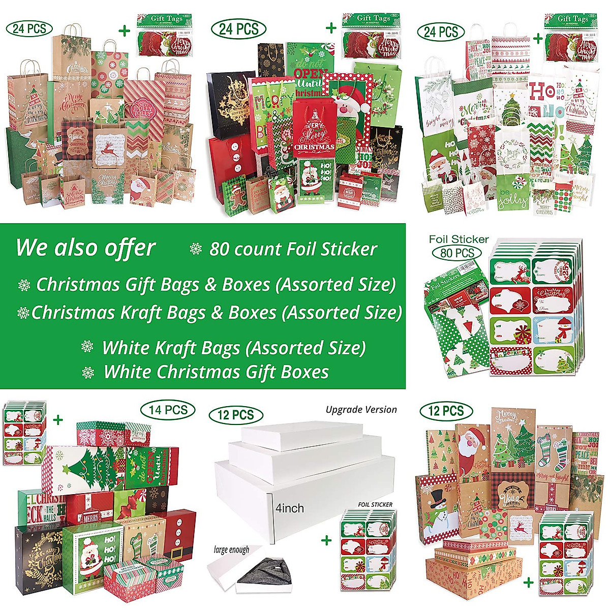 Christmas Gift Tags 60 Count with Untied String (15 Assorted Glitter, Foil, printed designs for DIY Xmas Present Wrap and Label Package Name Card)