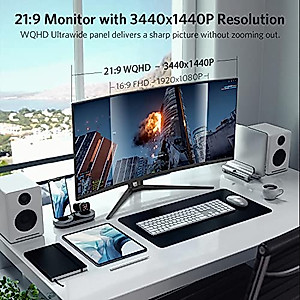 Fiodio 35” Ultra Wide QHD 21:9 Gaming Monitor, with Adaptive Sync, 120Hz Refresh Rate, Picture in Picture, By sRGB 99%, 2xHDMI 2xDisplay Ports, R1800, 3440*1440P, (DP Cable Included), Black (V3L6W)