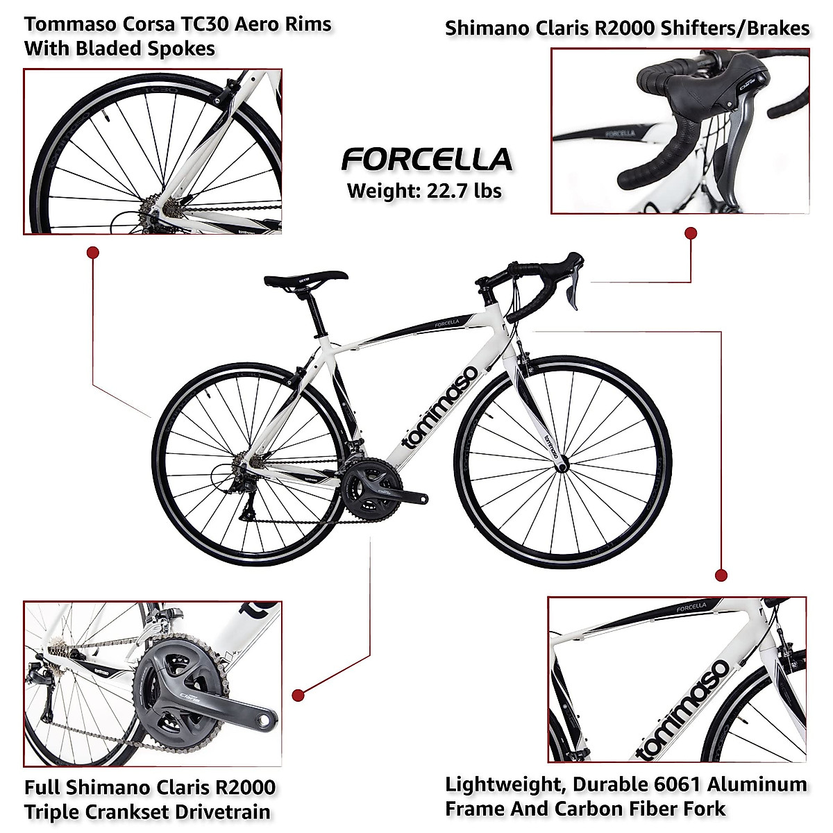 Tommaso Forcella Sport Bike Performance Aluminum Road Bike Carbon Shimano Claris 24 Speeds Road Bicycle Men Road Bikes for Men Bike Men Women Speed Bike Racing Bike Adult Bike City Bike White XL 60cm