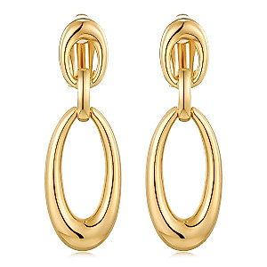 MUYAN Gold Geometric Oval Clip On Drop Earrings for Women Non Piercing Gold Geometric Clip Dangle Earrings Fashion Jewelry