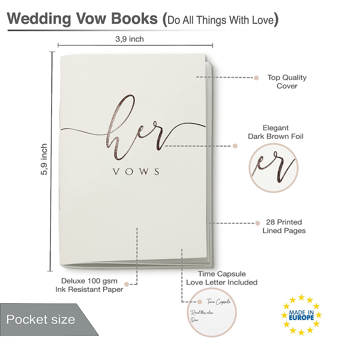 UNITED ESELL Ivory Wedding Vow Books His and Hers – Black Foil Bride and Wedding Notebook with 28 Pages - 5,9" x 3.9" – Vow Renewal - Bridal Shower Gifts - Time Capsule Love Letter (Black)