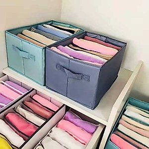 Clothing & Drawer Organizer Bins, Pack of 2 Premium Quality 9-Grid Fabric Storage Containers with Handles, Sea Green & Navy Sea Green Dark blue